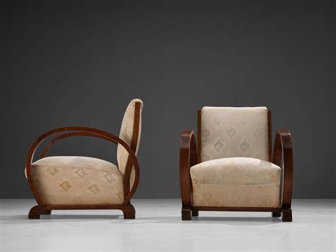 Art Deco Pair Of Lounge Chairs In Walnut And Floral Upholstery For Sale