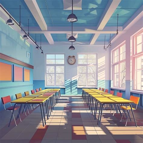 Colorful Cartoon Classroom Background With Desks And Chairs In Animated Style Stock Illustration