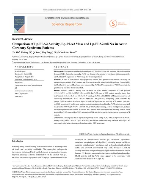 Pdf Comparison Of Lp Pla2 Activity Lp Pla2 Mass And Lp Pla2 Mrna In
