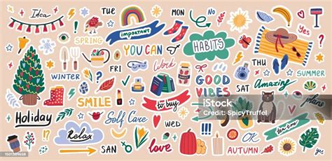 귀여운 스크랩북 플래너 요소 일기 스티커 주간 달력 소녀 의제 일기를 위한 낙서 종이 모음 크리스마스 트리 귀여운 고양이와 문구 노트북 벡터 만화 아이콘 세트 스크랩북에