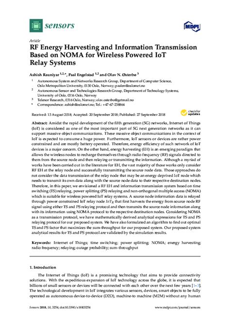 Pdf Rf Energy Harvesting And Information Transmission Based On Noma For Wireless Powered Iot