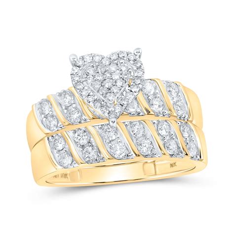10k Yellow Gold His Hers Round Diamond Heart Matching Wedding Set 1
