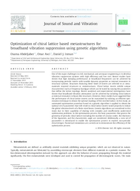 Pdf Optimization Of Chiral Lattice Based Metastructures For Broadband Vibration Suppression