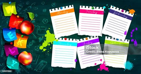 만화 스타일의 시간 계획 개념입니다 할 일 목록 스티커와 사과는 칠판 배경에 손으로 그려져 있다 0명에 대한 스톡 벡터 아트 및 기타 이미지 Istock