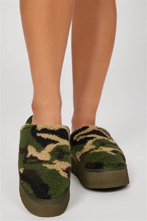 Lets Get Comfy Platform Slippers Camouflage Fashion Nova