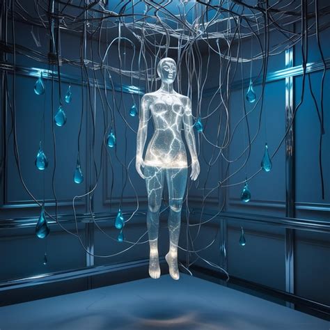In A Mesmerizing Depiction Of Futuristic Synergy A Glass Humanoid Figure Premium Ai Generated