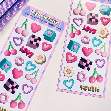 3d Art Style Random Cute Objects Sticker Sheet Cube Heart Flower Cherry Retro Stickers Bullet