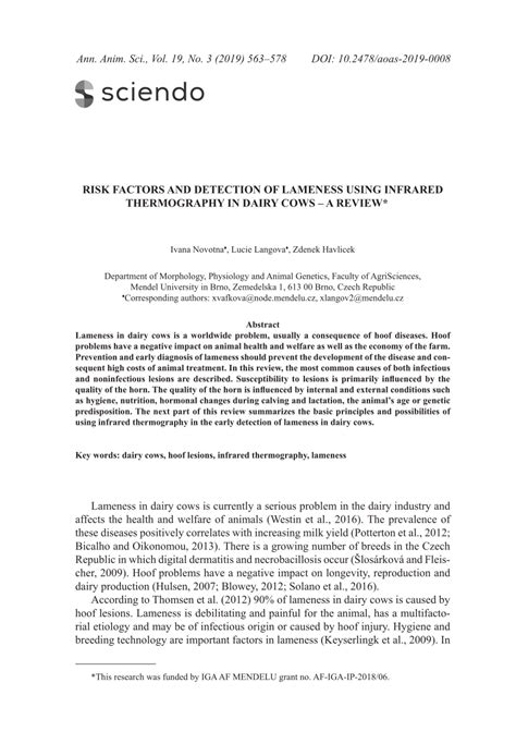 Pdf Risk Factors And Detection Of Lameness Using Infrared Thermography In Dairy Cows A Review