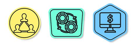 라인 프로젝트 팀 베이스 기어 및 화살표를 워크플로우 프로세스 개념으로 설정하고 달러 기호가 있는 컴퓨터 모니터를 설정합니다