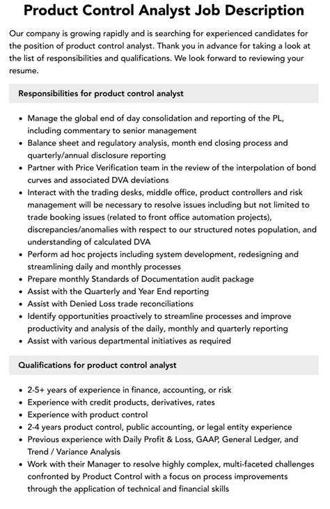 Product Control Analyst Job Description Velvet Jobs
