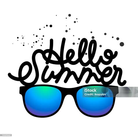안녕하세요 여름 손으로 그려진 글자 로고 템플릿입니다 텍스트와 선글라스 아이콘 벡터 일러스트 레이 션과 절연 된 인쇄 상의