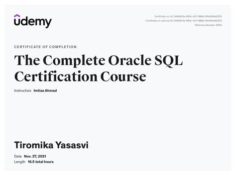 Certification Udemy Oracle Achievement Database Hardwork Sql Tiromika Yasasvi