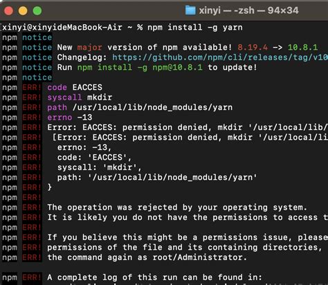 关于macbook电脑安装yarn报错errno 13 Npm Err Error Eacces Permission Denied Mkdir Usrlocallib