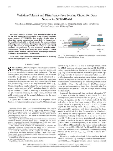 Pdf Variation Tolerant And Disturbance Free Sensing Circuit For Deep Nanometer Stt Mram
