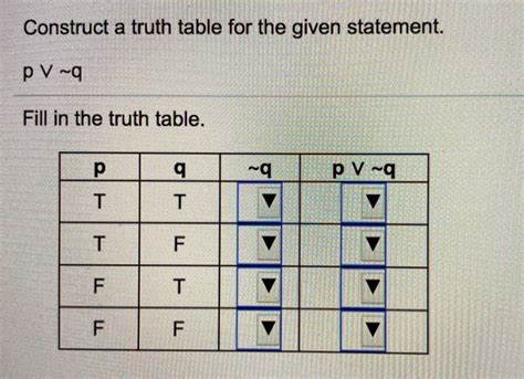 solved construct a truth table for the given statement pv~q