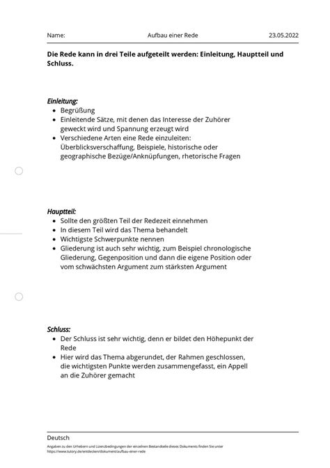 Arbeitsblatt Aufbau Einer Rede Deutsch Tutory De