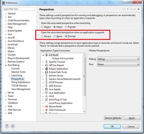 Java Stop Eclipse Switch To Debug Tab Stack Overflow