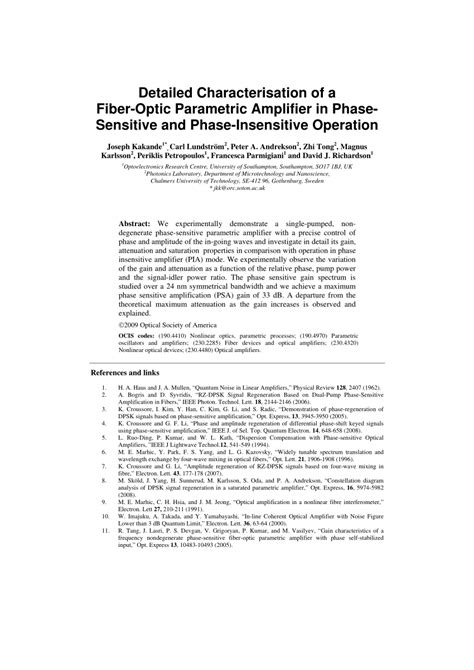 Pdf Detailed Characterization Of A Fiber Optic Parametric Amplifier In Phase Sensitive And