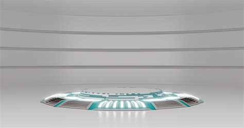 3d 렌더링 대형 흰색 객실은 중앙에 미래 지향적인 공상 과학 플랫폼을 갖춘 스튜디오로 위와 아래에서 네온 램프로 조명되어 있습니다 당신의 모형에 대한 배경 Dj에 대한