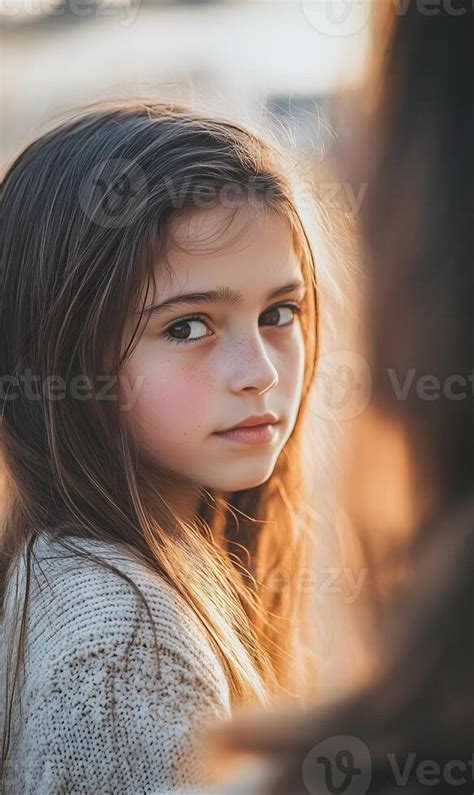 Thoughtful Young Girl With Long Brown Hair Looking At An Out Of Focus