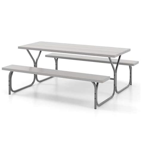 Wellfor 72 In Gray Rectangle Metal Picnic Table Bench Set With Hdpe Tabletop With Umbrella Hole