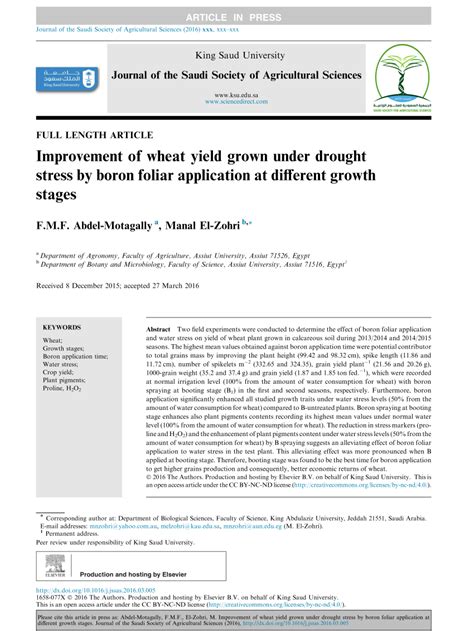 Pdf Improvement Of Wheat Yield Grown Under Drought Stress By Boron Foliar Application At