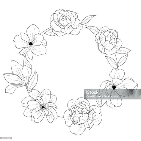 식물 학적 그림 꽃 화환 흑백 구성 흰색 배경에 꽃 선형 아트의 손 그림을 스케치합니다 벡터 일러스트레이션 검은색에 대한 스톡 벡터 아트 및 기타 이미지 Istock