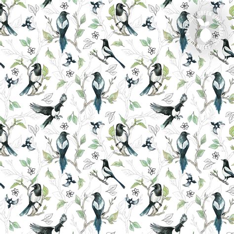 Magpies Watercolor Seamless Pattern Bird Fabric Design Jpeg Etsy