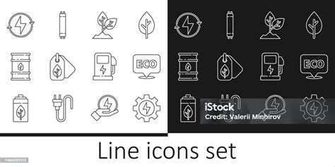 세트 라인 기어 및 번개 에코 건강 식품 라벨 식물 잎이 있는 태그 바이오 연료 배럴 번개 볼트 전기 자동차 충전소 및 형광등 아이콘 벡터 검은색에 대한 스톡 벡터 아트 및