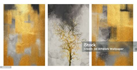 현대 황금색과 회색 추상 작품 창조적 인 황금 나무와 검은 모양 3d 캔버스 벽 포스터 아트 0명에 대한 스톡 사진 및 기타 이미지 Istock