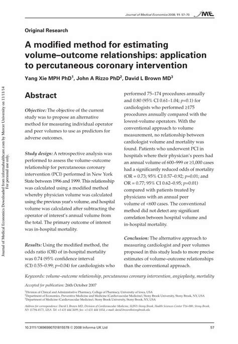 Pdf Original Research A Modified Method For Estimating Volumeoutcome Relationships