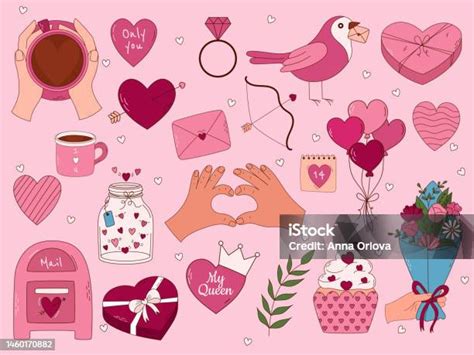 발렌타인 데이 포스터 인사말 카드 배너 및 초대장을위한 손으로 그린 요소 큰 세트의 하트 과자 커피 컵 케이크 열쇠 사탕 편지 다이아몬드 꽃 선물 풍선 키스 및 기타 귀여운