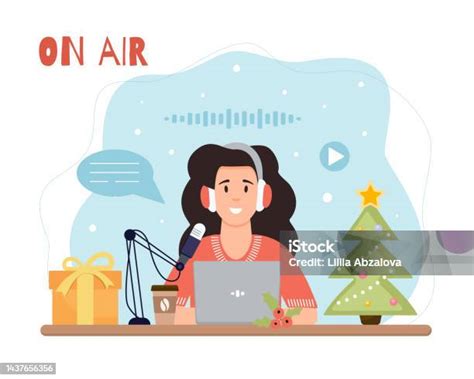 크리스마스 분위기 팟캐스트 개념입니다 청중과 이야기하는 여자 팟캐스터 방송 Dj에 대한 스톡 벡터 아트 및 기타 이미지 Dj Radio Show 개념 Istock