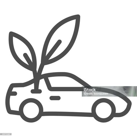 전기 자동차와 녹색 잎 라인 아이콘 에코 자동차 에너지 개념 벡터 그래픽 흰색 배경에 자동차 경주 용 자동차 기호 모바일 또는 웹 디자인을위한 개요 스타일 아이콘 검은색에