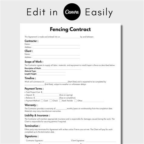 One Page Fencing Contract Editable Fence Contract Form Template
