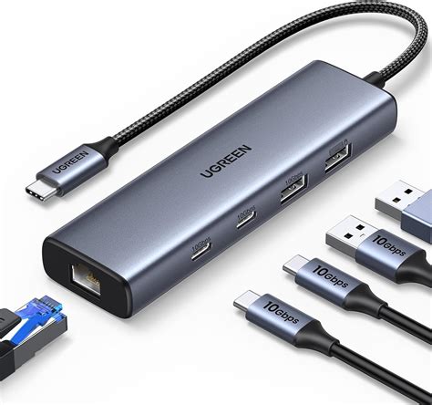 Ugreen Usb C 3 2 Hub With Ethernet Adapter 10gbps 5 In 1 Usb C Hub With 2 Usb C 3 2 Data 1 Usb A