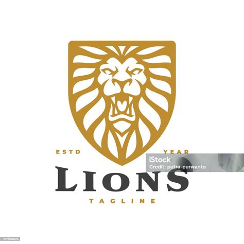 사자와 방패 마스코트 로고 디자인 라이온 엠블럼 벡터 일러스트 레이 션 갈기에 대한 스톡 벡터 아트 및 기타 이미지 갈기
