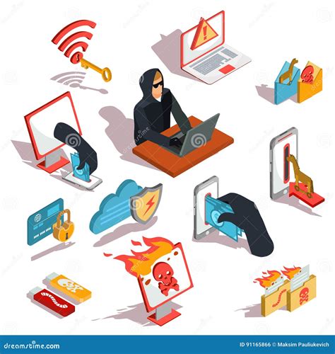 Set Of Vector Isometric Hacker Icons Stock Vector Illustration Of