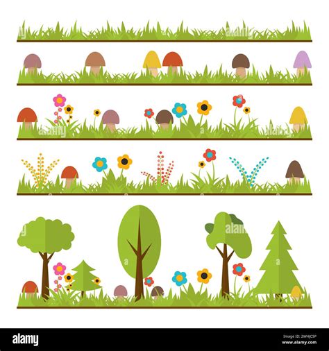 Set Of Flat Forest Design Elements Mushrooms Grass Berries Trees And Flowers Forest