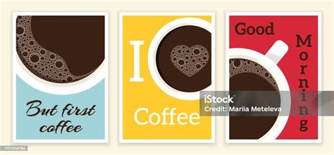 포스터 광고 Flayers에 대 한 커피 일러스트 의 집합입니다 나는 커피를 사랑하지만 첫 번째 커피와 좋은 아침 텍스트 검은