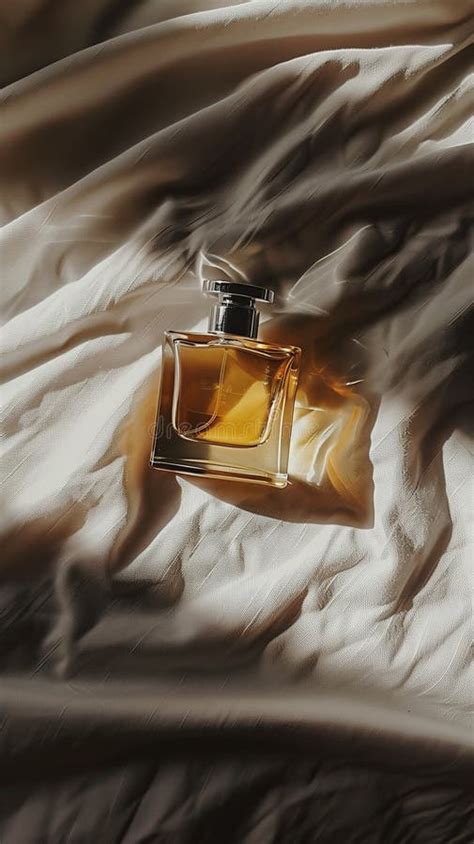 Perfume Bottle On Silk Fabric Closeup Luxury Fragrance Stock