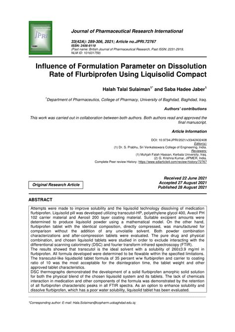 Pdf Influence Of Formulation Parameter On Dissolution Rate Of Flurbiprofen Using Liquisolid