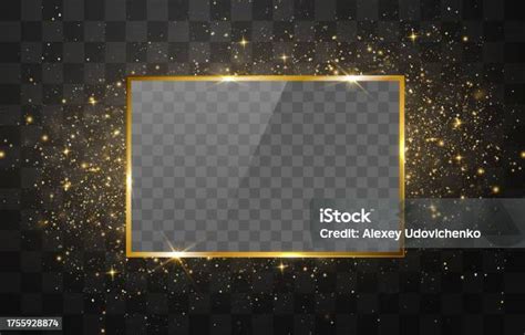 반짝이는 입자 주위에 벡터 골드 프레임입니다 반짝이는 금 입자가 빛나는 효과 투명한 배경에 금색 별가루 입자 황금 프레임과 색종이 조각의 폭발 0명에 대한 스톡 벡터 아트