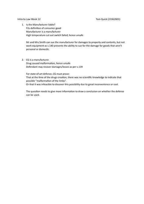 Intro To Law Week 12 Tute Answers Intro To Law Week 12 Tom Quick 23362601 Is The