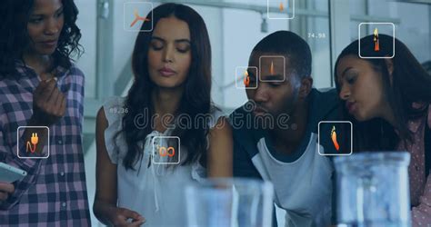 Analyzing Data And Statistics Animation Diverse Colleagues Collaborating In Office Stock