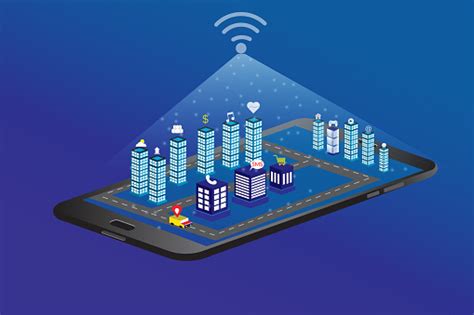 아이소메트릭 도시 현대 건물 및 기술의 지능형 아이콘 애플 리 케이 션의 스마트 휴대 전화 0명에 대한 스톡 벡터 아트 및 기타