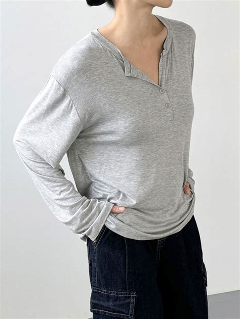 당일 여리여리핏 3color 찰랑 스판 루즈핏 버튼 라운드넥 기본티 긴팔 티셔츠 에이블리