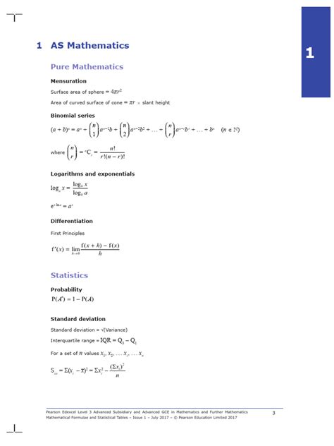 Pearson Edexcel A Level Gce In Mathematics Formulae Book Removed Pdf