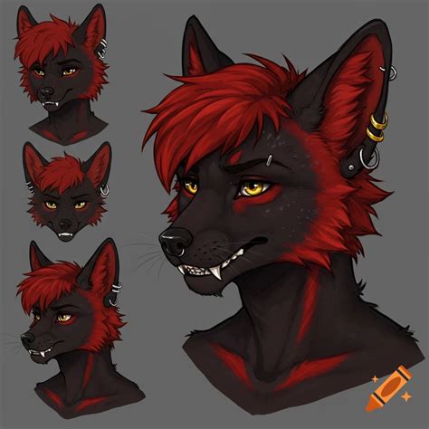 Digital Art Reference Sheet Of A Dark Furry Fox With Red Hair Yellow