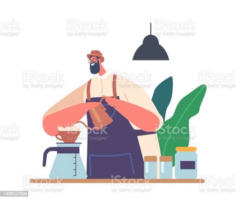 힙스터 바리스타 만들기 양조에 커피를 붓고 웃는 남성 캐릭터 바텐더는 카페 나 커피 숍에서 앞치마 작업을 착용합니다 커피 마실 것에 대한 스톡 벡터 아트 및 기타 이미지